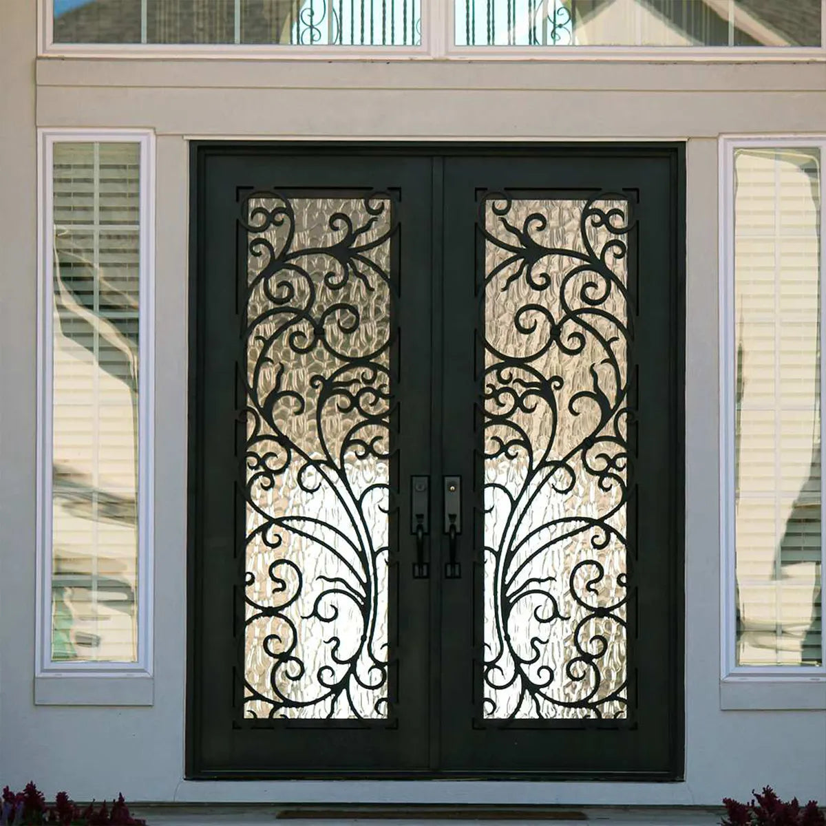 ARTISAN Wrought Iron Scroll Door with Water Ripple Glass AED-ID005 – Artisan Entry Doors
